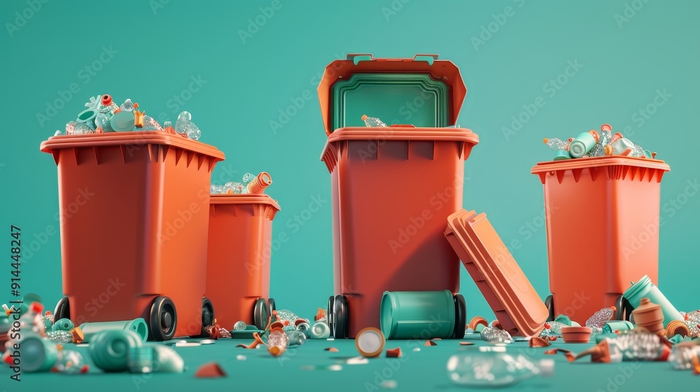 Four red recycling bins overflowing with plastic bottles and other ...