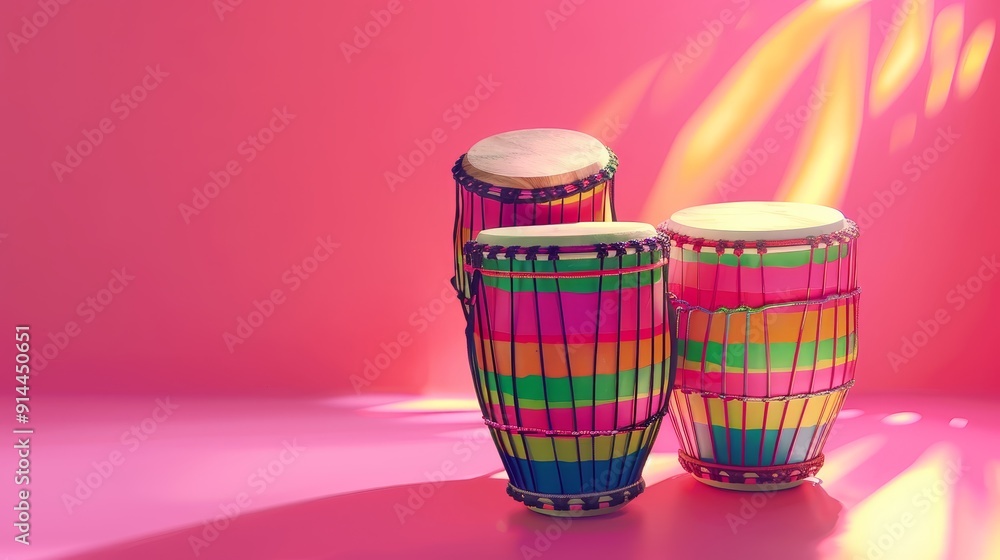 Three vibrant congas, each with unique color patterns, stand against a ...