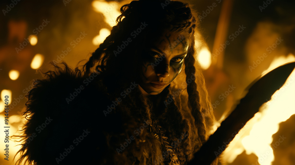 Warrior Woman with Tribal Face Paint, Commanding the Ceremonial ...