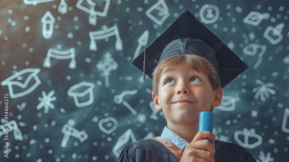 Young boy in graduation cap and gown with diploma in hand, looking up ...