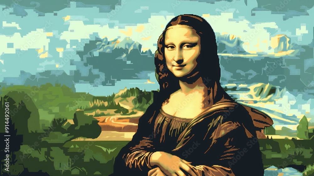 Mona Lisa in a Pixelated Landscape Stock Illustration | Adobe Stock