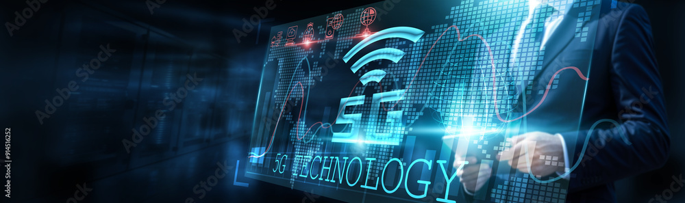 5G technology expert analyzing data on network graph and high-volume ...