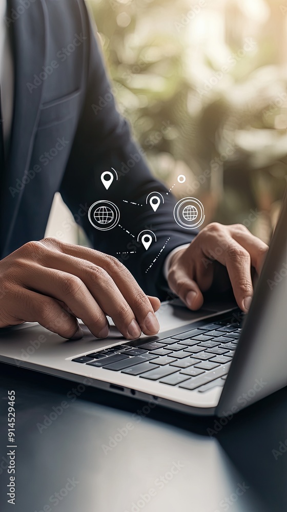 A man is actively typing on a keyboard while a red location pin hovers ...