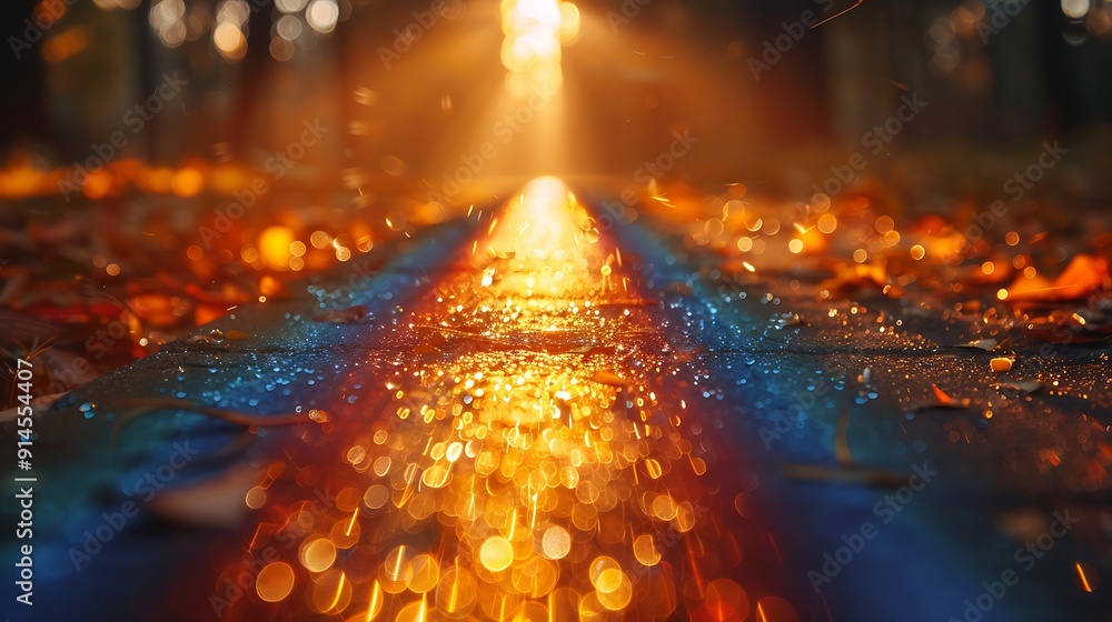 Beam of light refracting through a prism splintering into a spectrum of ...