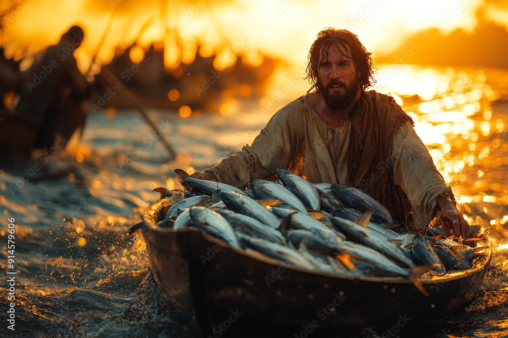 Peter's boat overflowing with fish, Bible story. Stock Photo | Adobe Stock
