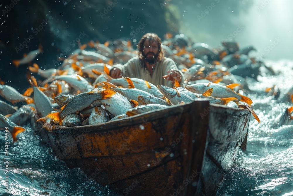 Peter's boat overflowing with fish, Bible story. Stock Photo | Adobe Stock
