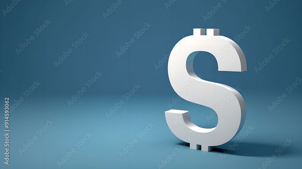 3D. White dollar sign symbol standing prominently on a solid blue ...