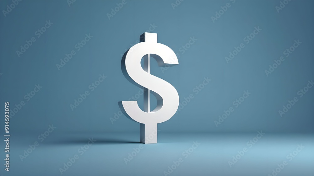 3D. White dollar sign symbol standing prominently on a solid blue ...