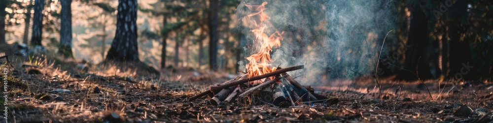 Bonfire of branches and sticks with rising smoke in forest surrounded ...