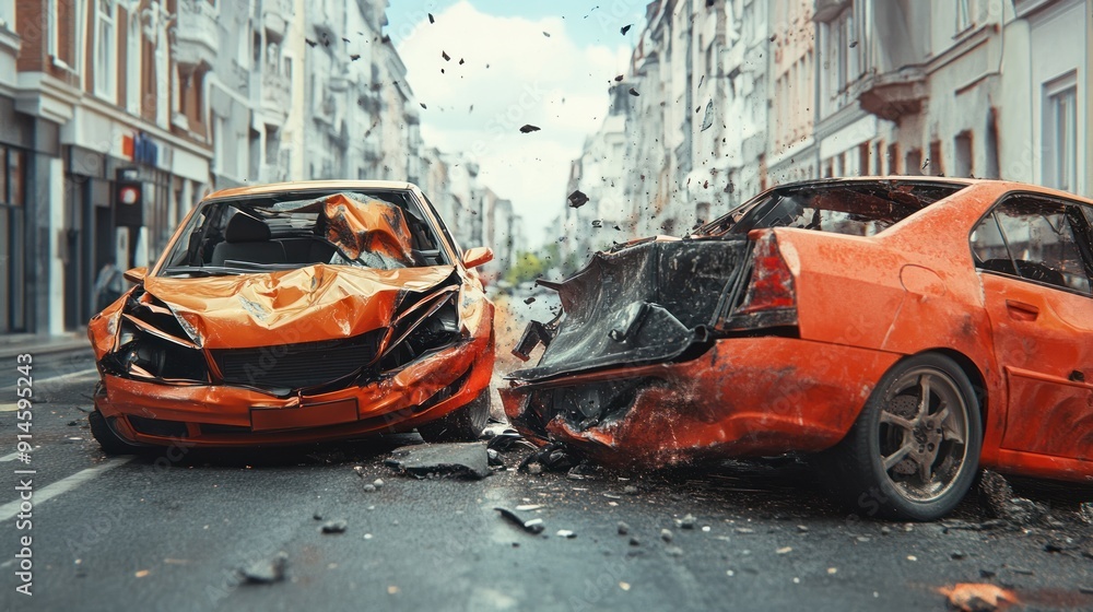 Two cars damaged in head on collision on street, vehicle crash scene ...
