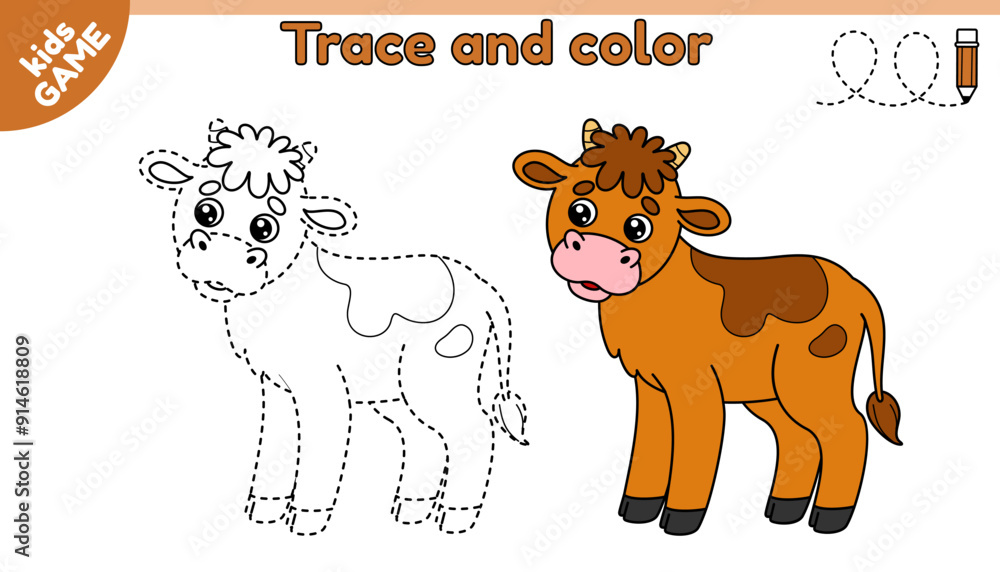 Kids educational game Tracing lines with farm calf. Cartoon baby cow ...