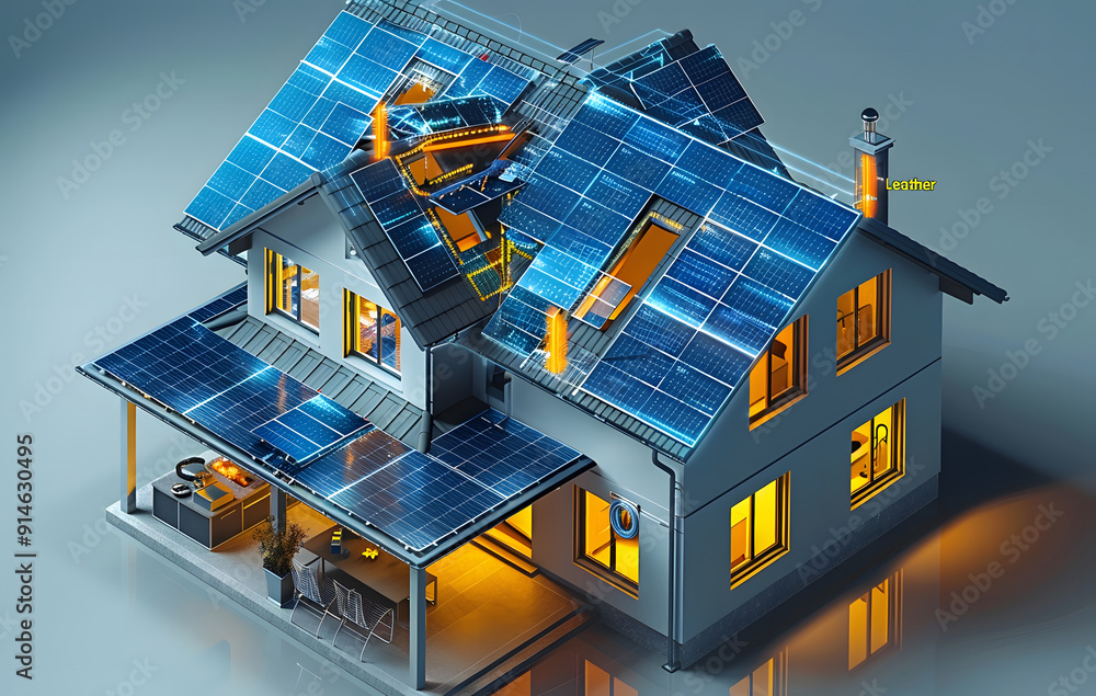Small house with solar energy installation with names of system ...