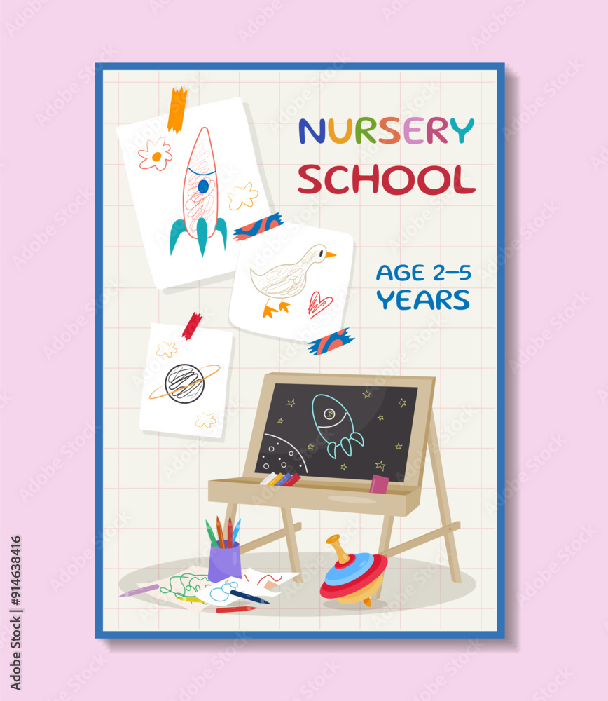 Nursery school poster. Chalkboard with school supplies. Education and ...