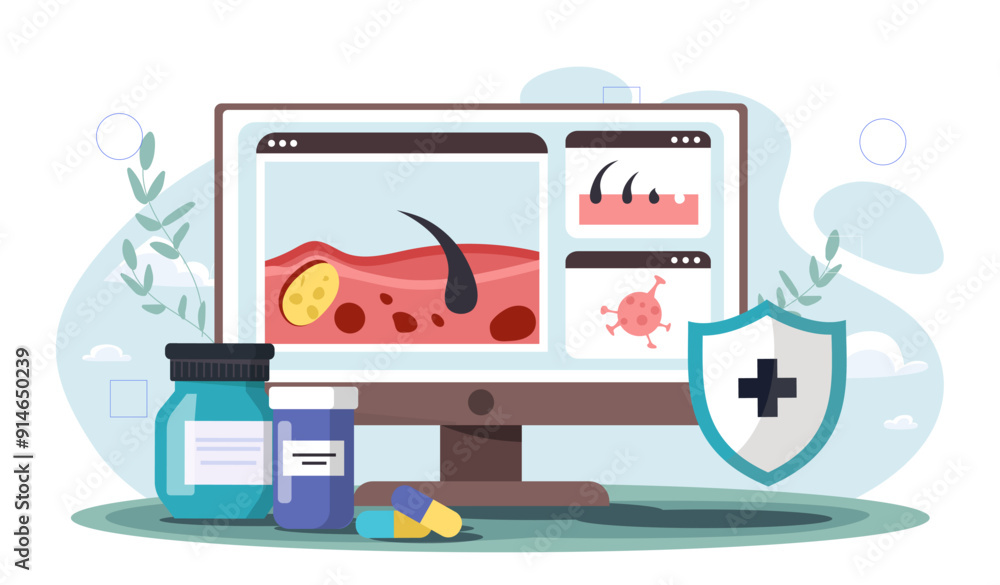 Dermatologist online concept. Tablets near computer screen with ...