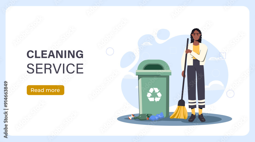 Cleaning service poster. Woman with mop in green trash container ...