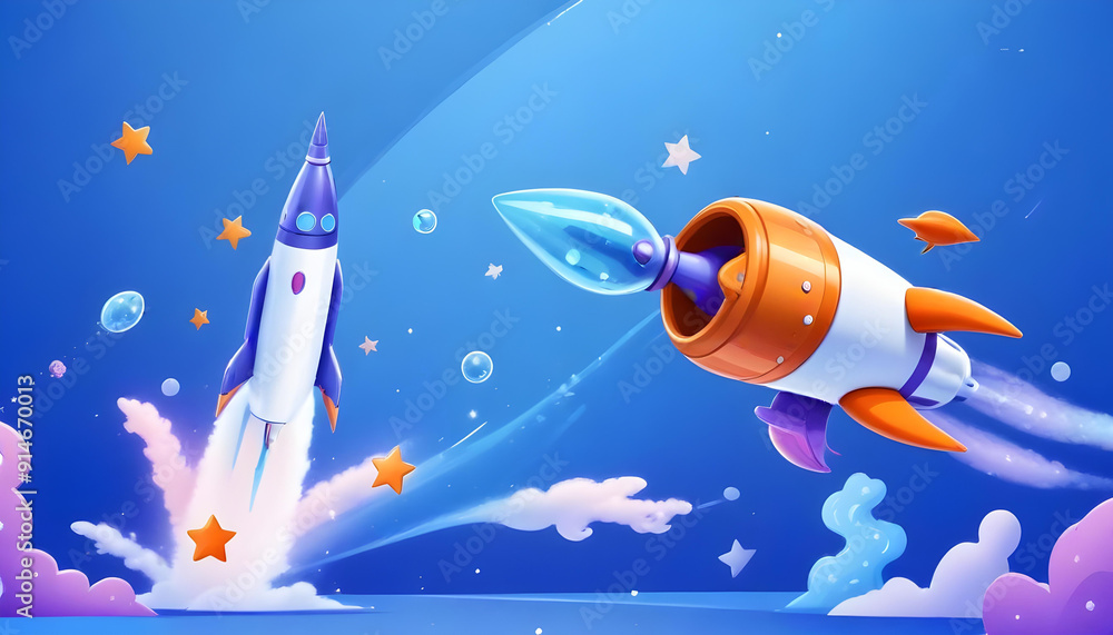colorful cartoon rocket ship blasting off into a blue sky with stars 12 ...