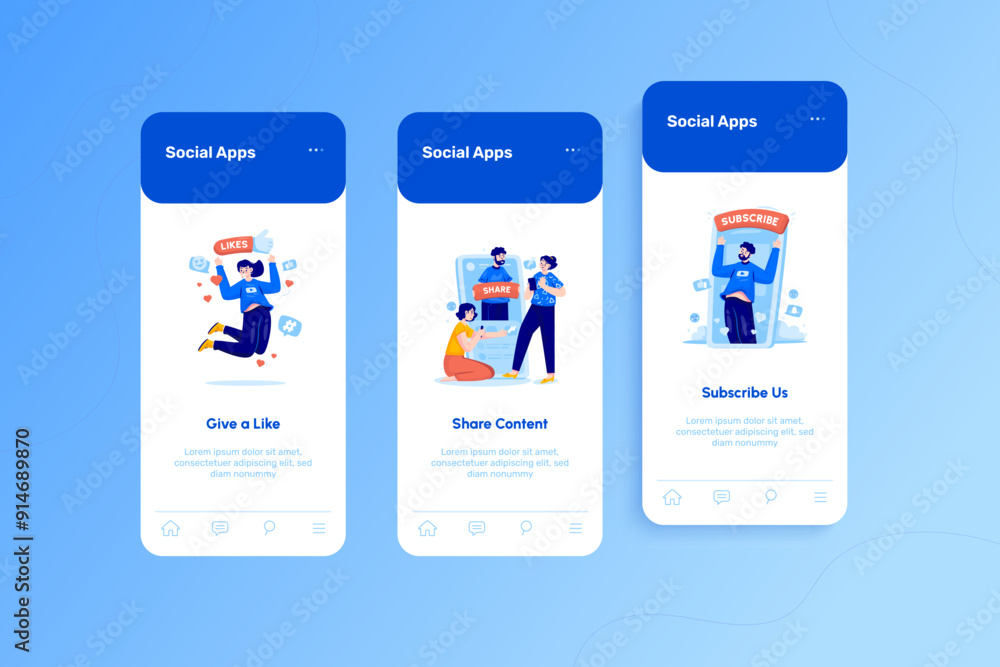 Onboarding screen with illustration scenes of give a like sign, share ...