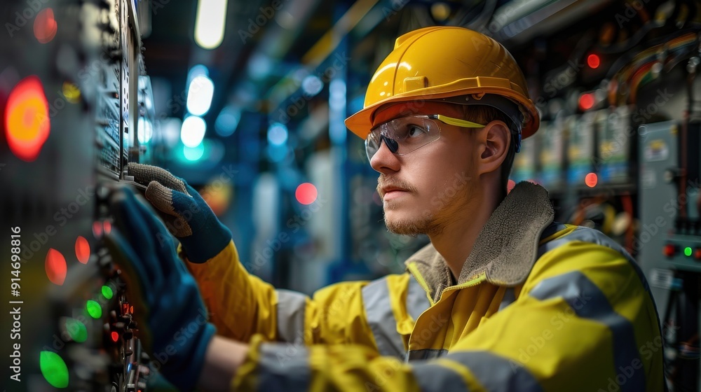 An electrical engineer in an industrial factory setting works on ...