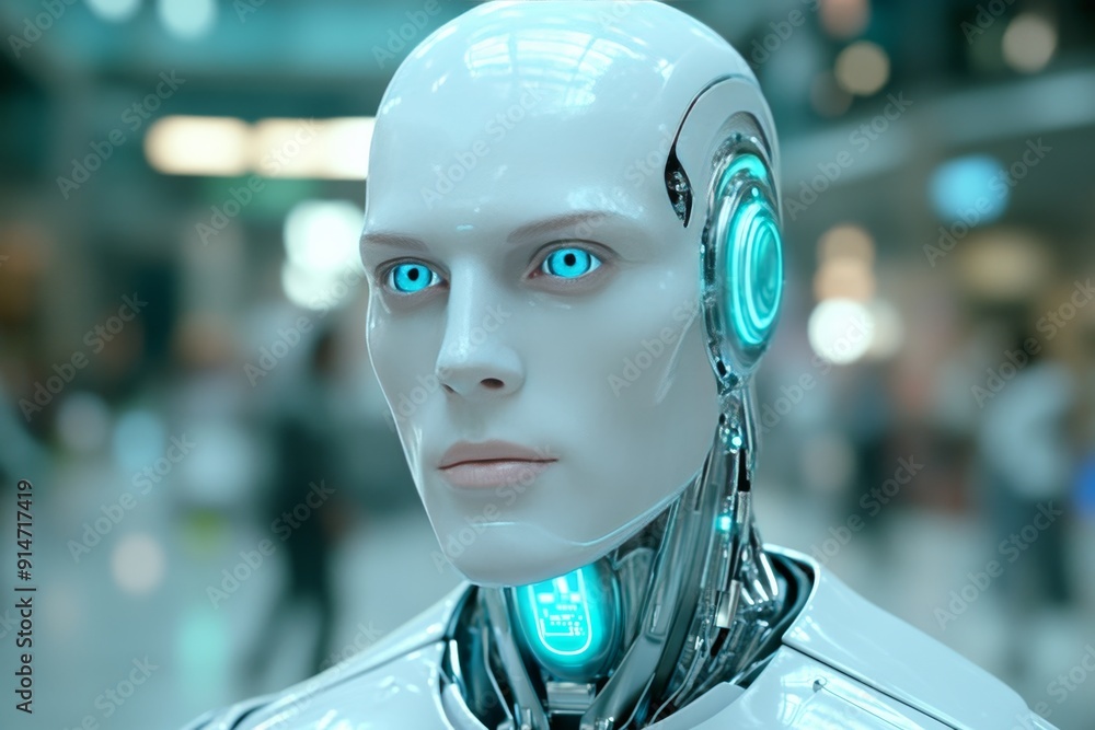 Hyper realistic humanoid robot face with deep blue eyes exploring the intersection of technology ...