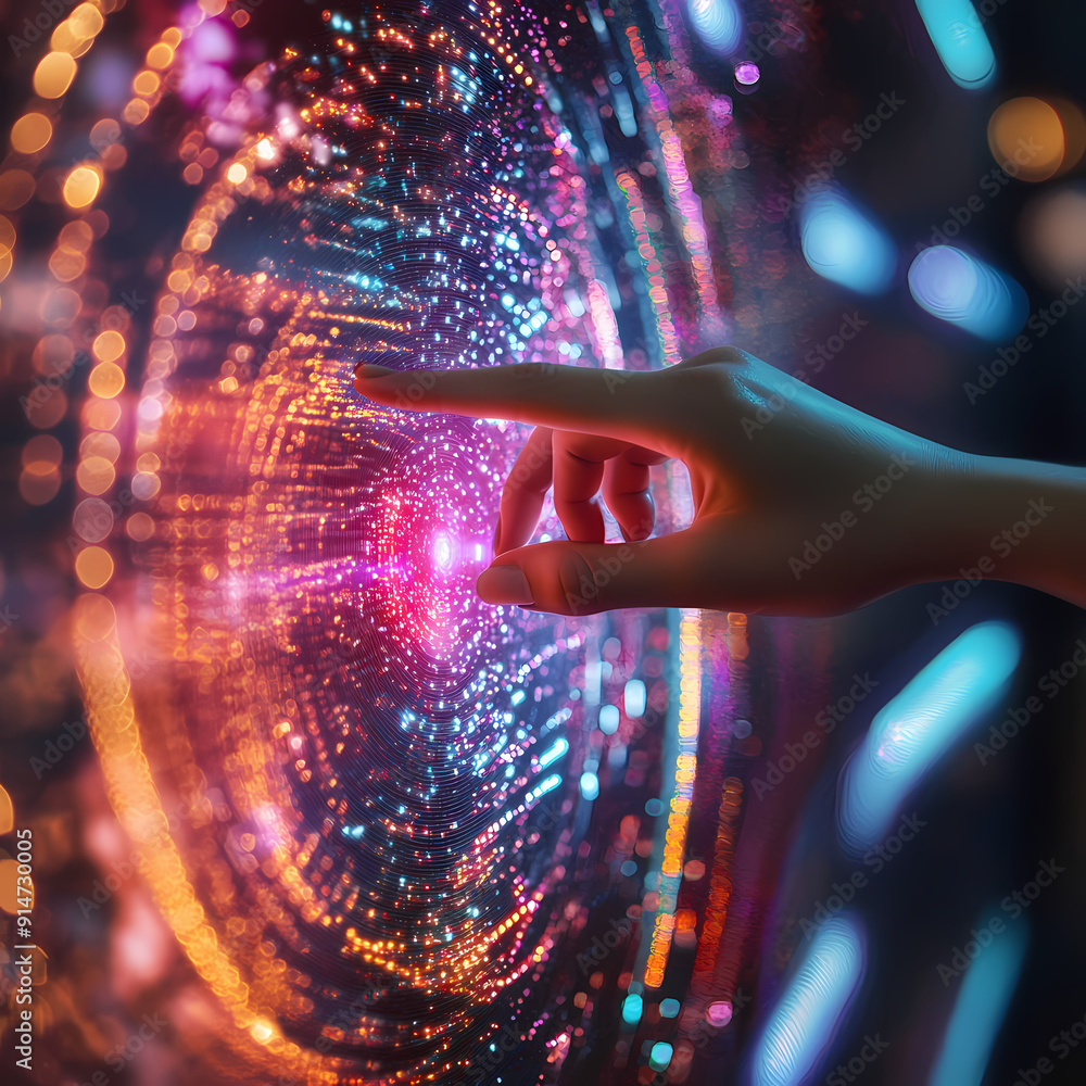Reaching for the future, a human hand touches virtual technology. Stock ...