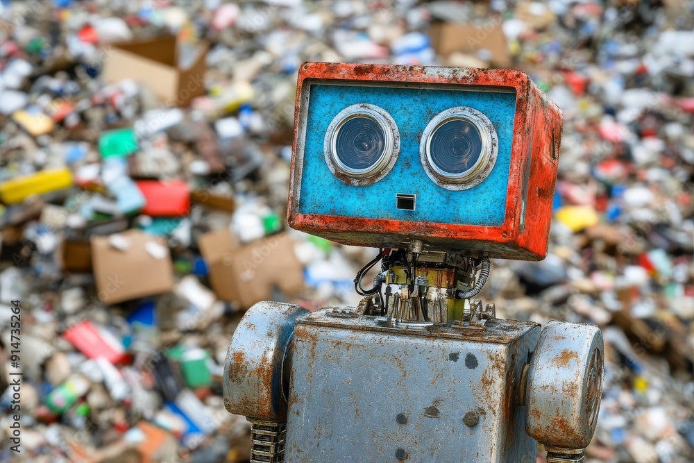 Rusty humanoid robot with big expressive eyes in a junkyard setting ...