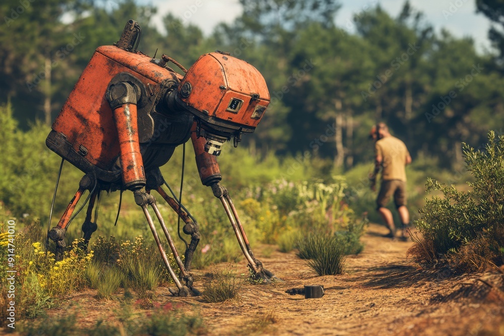 Rusty robot with orange legs standing on mechanical stilts in a grassy ...