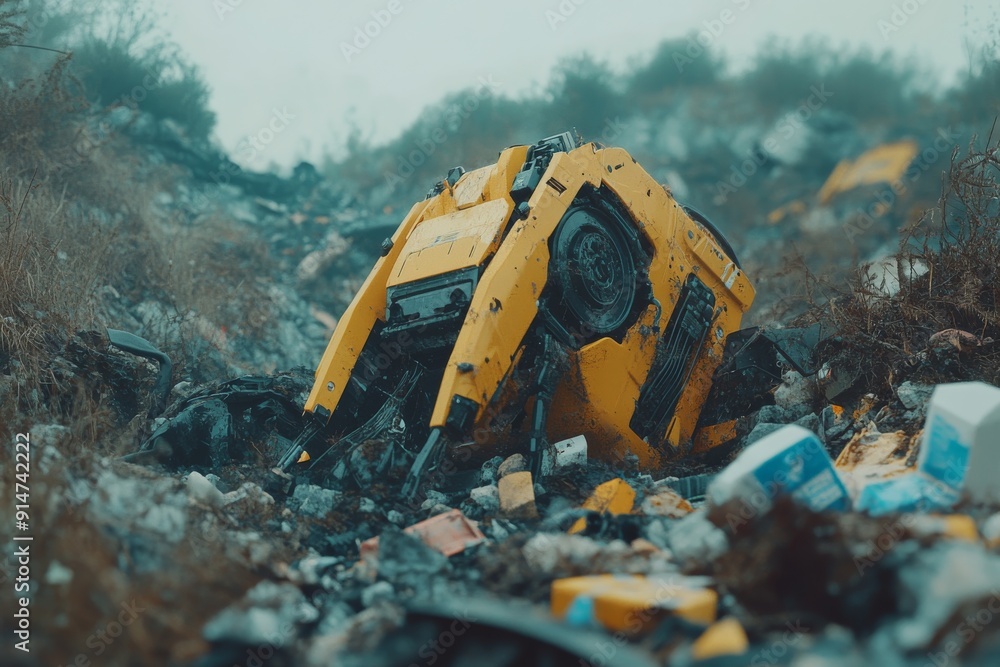 Rusty robot lying in a pile of debris symbolizing the decay and ...