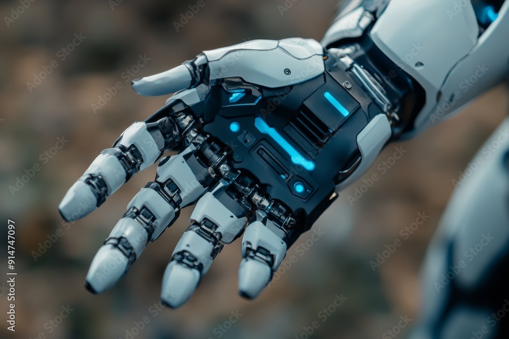 Futuristic robotic hand with blue and white design showcasing the ...