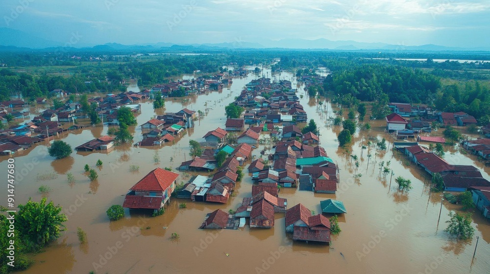 Foto de Stock Aerial view of a submerged town with only rooftops ...