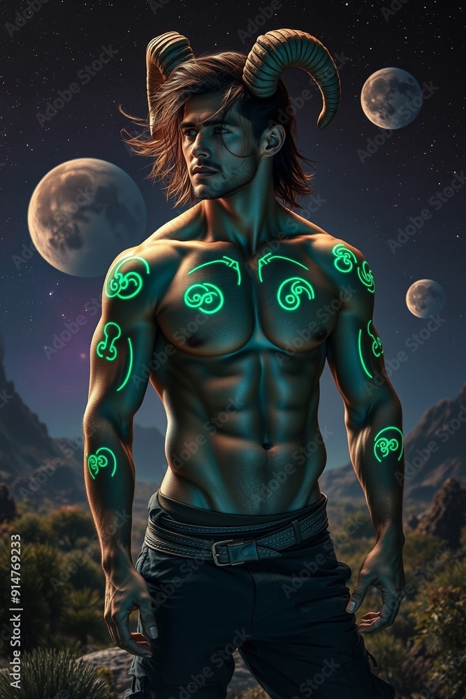 Sci-Fi Alien romance alien with glowing symbols and horns on alien ...