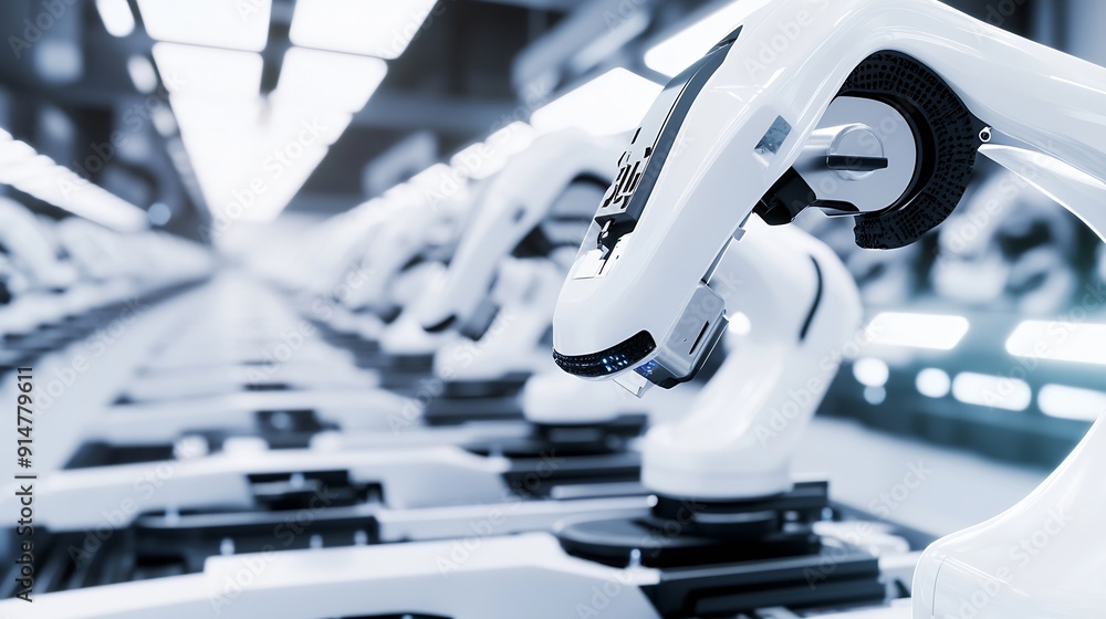 Stock-Foto „Row of White Robotic Arms at Automated Production Line at Factory Electric Car ...