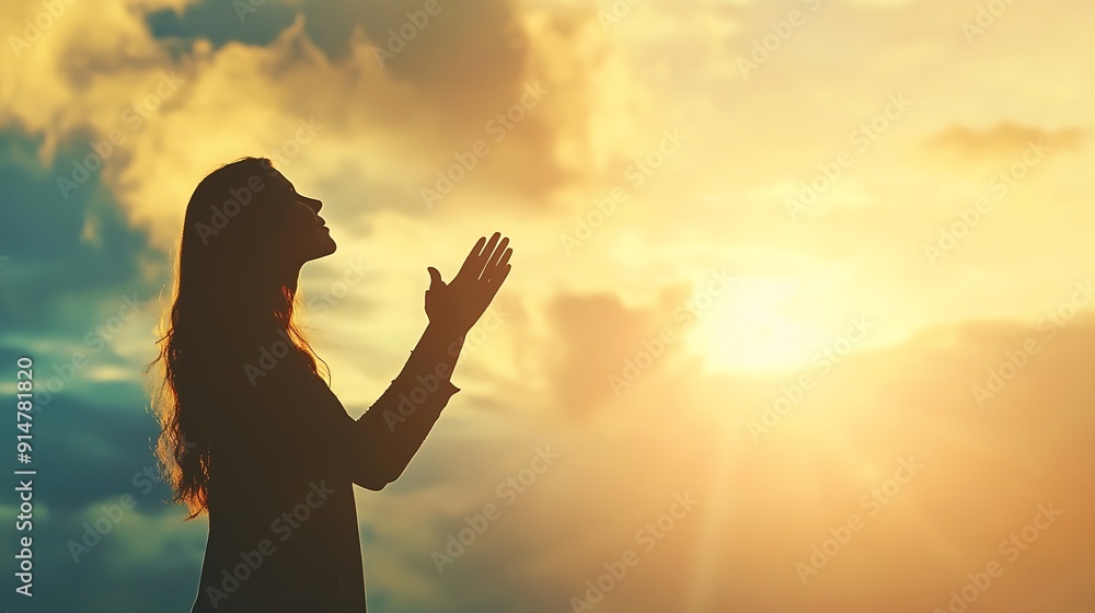 Woman raising his hands in worship Christian Religion concept ...