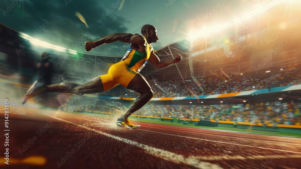 Dynamic 200m Sprint: Jamaican Sprinter Under Stadium Lights Stock Photo ...