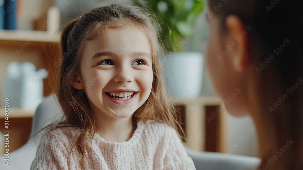 Relaxed smiling cute girl talking to a cheerful child psychotherapist ...
