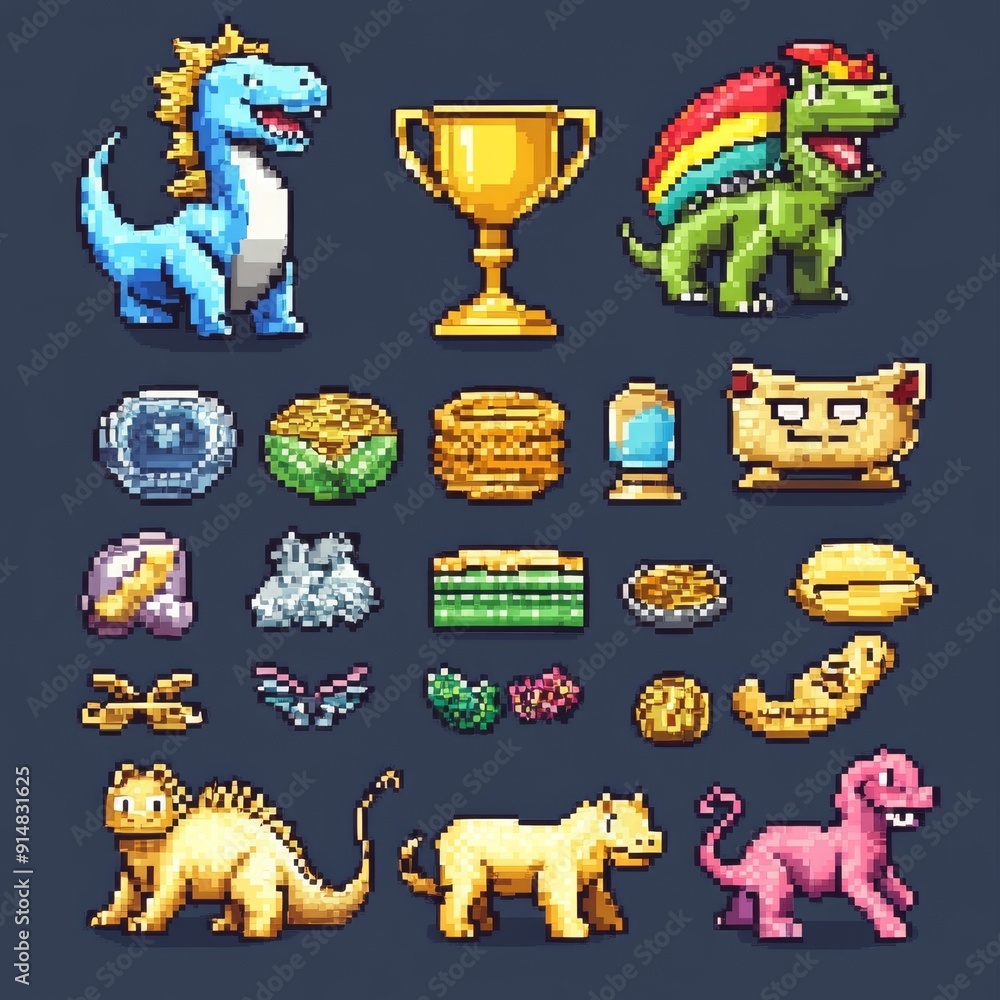 Retro Gaming Pixel Art: Nostalgic 8-Bit Icons and Characters. Colorful ...
