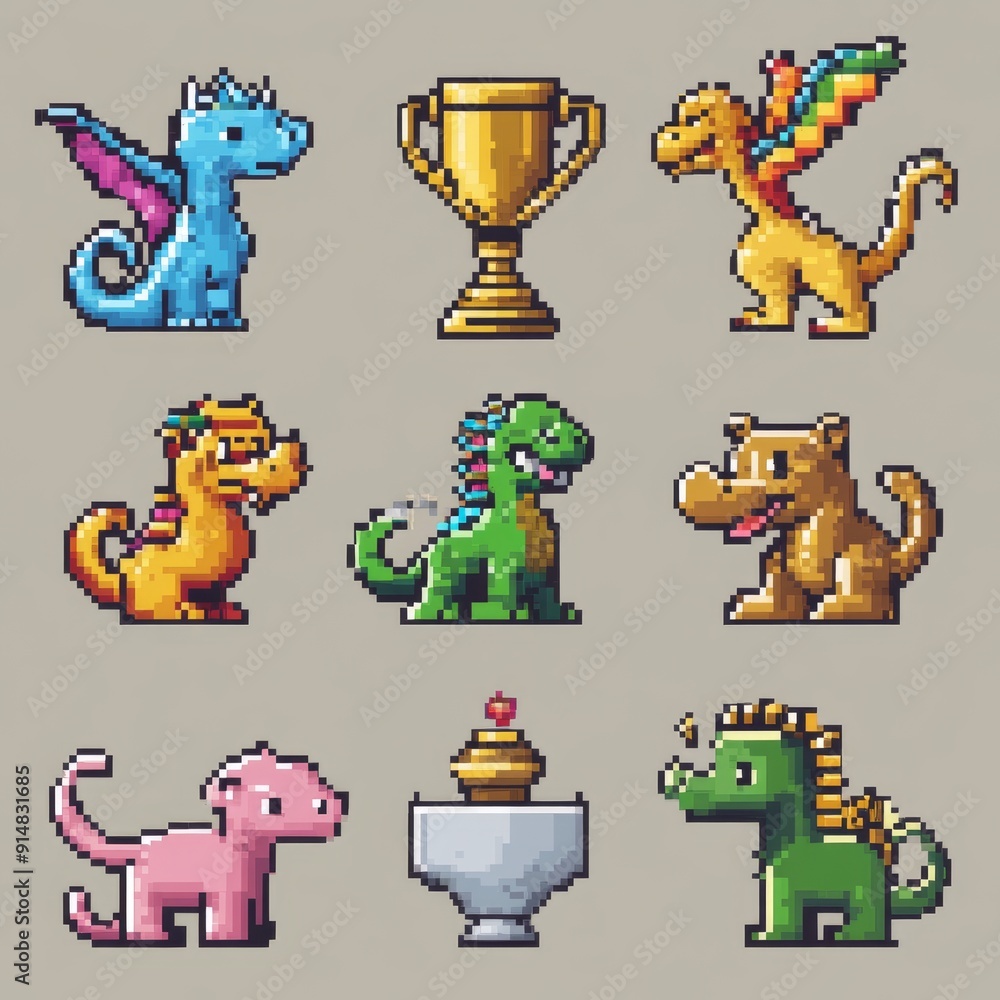Retro Gaming Pixel Art: Nostalgic 8-Bit Icons and Characters. Colorful ...