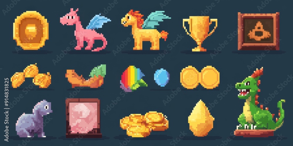 Retro Gaming Pixel Art: Nostalgic 8-Bit Icons and Characters. Colorful ...