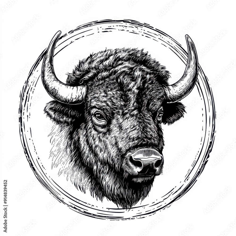Black and white Vintage engraved art of a bison's head in a circular ...