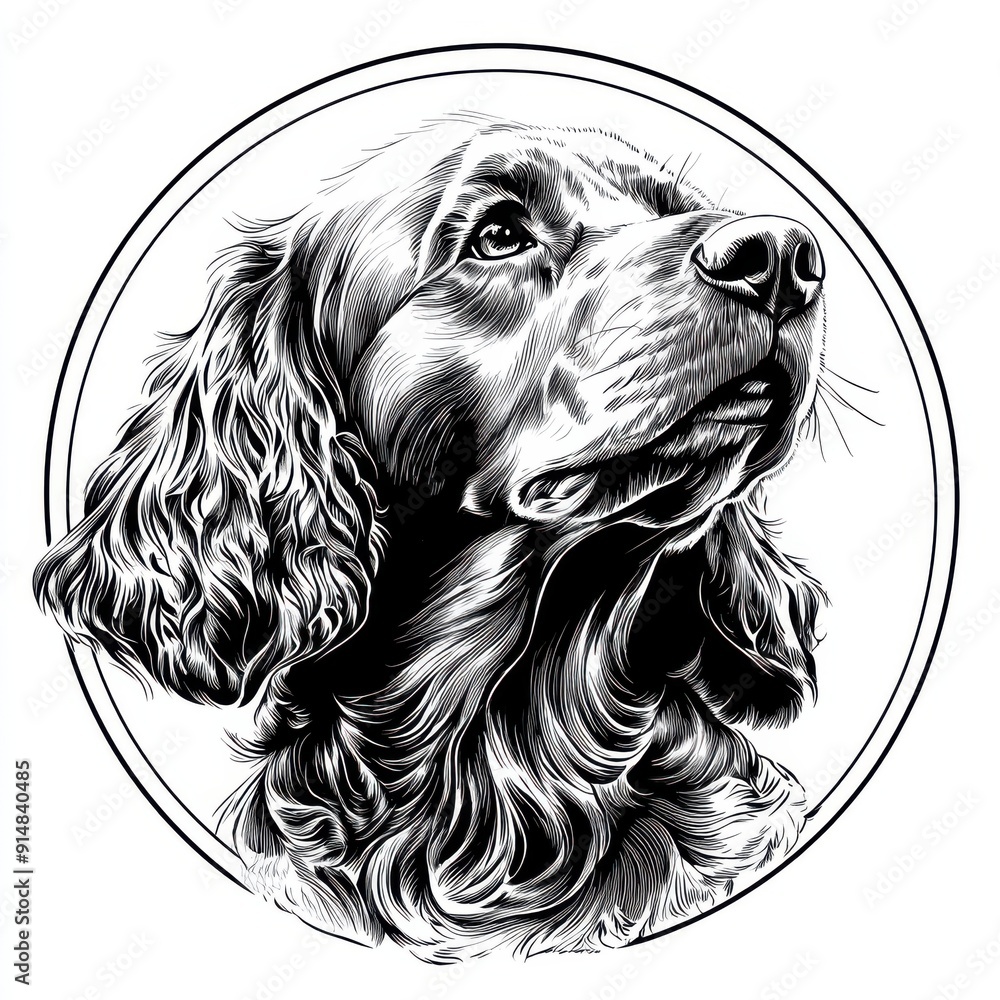 Black and white Vintage engraved art of a Cocker Spaniel in a circular ...