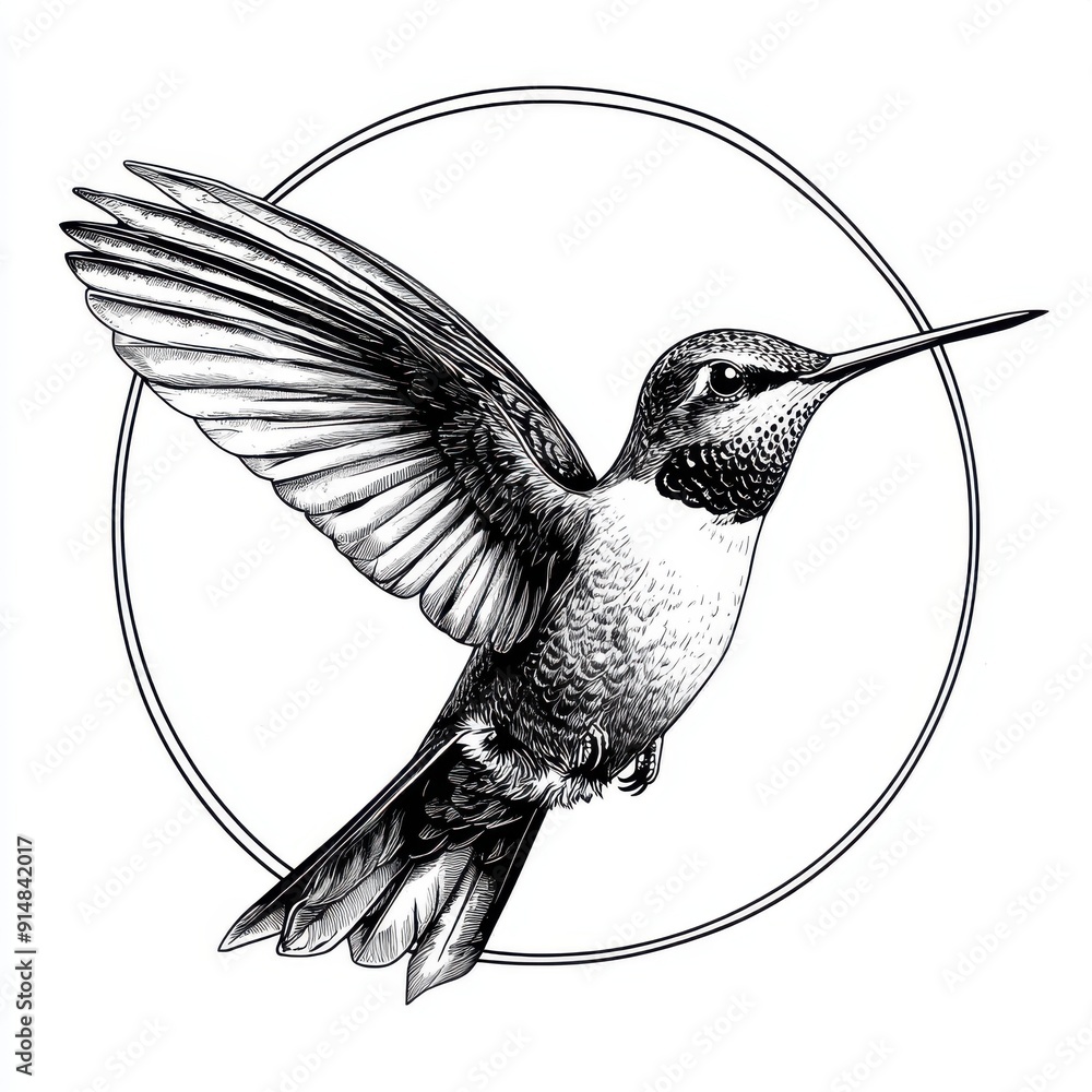 Black and white Vintage engraved art of a hummingbird in a circular ...
