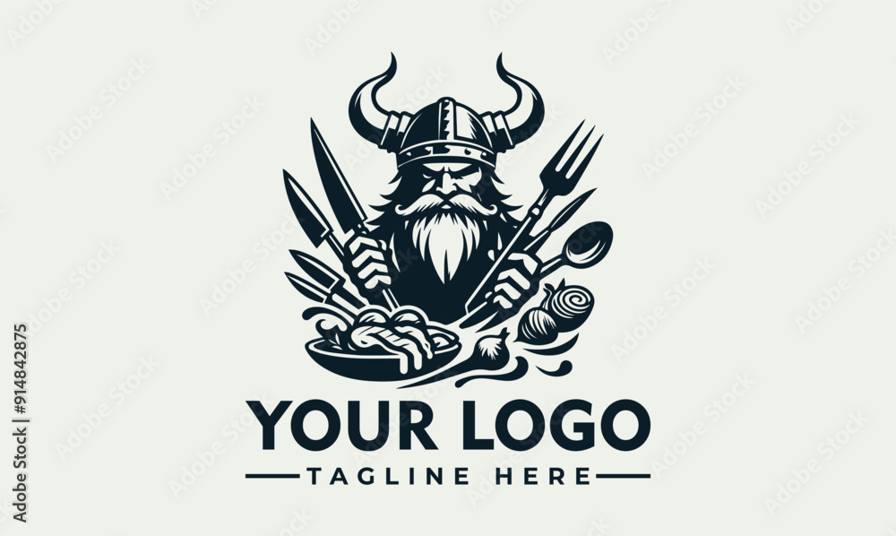 Viking chef logo vector with a horned helmet stirring a pot with a ...