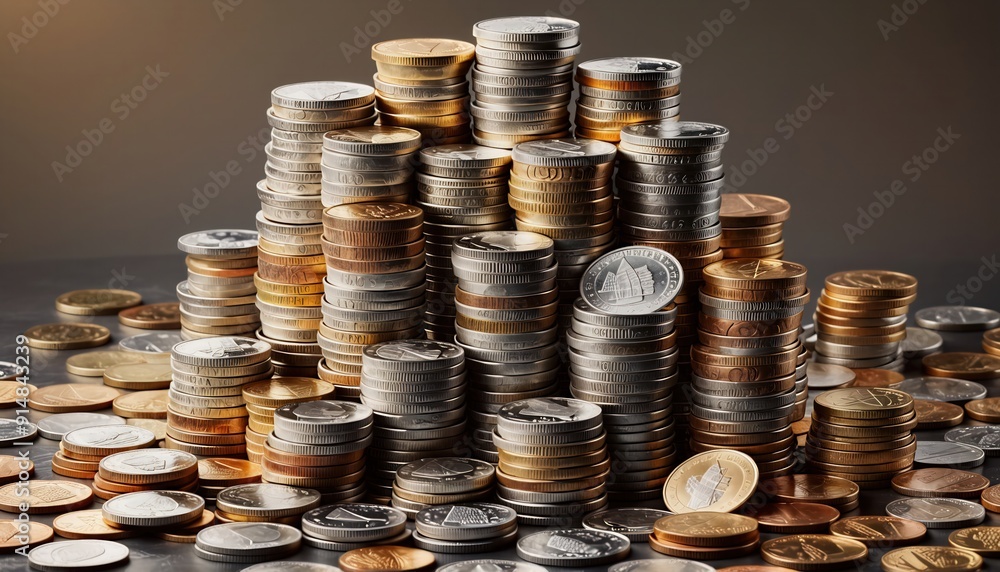 Muchas monedas apiladas en el fondo. Simboliza la economía mundial ...