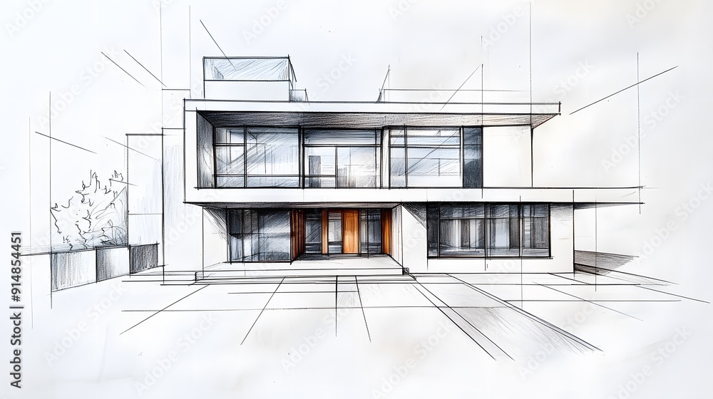 4. "An architectural sketch of a modern house facade, rendered in ...