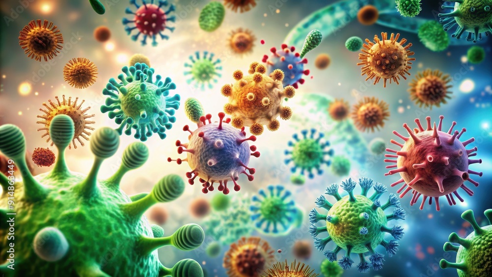 Abstract image of gram positive bacteria and various shapes of viruses ...