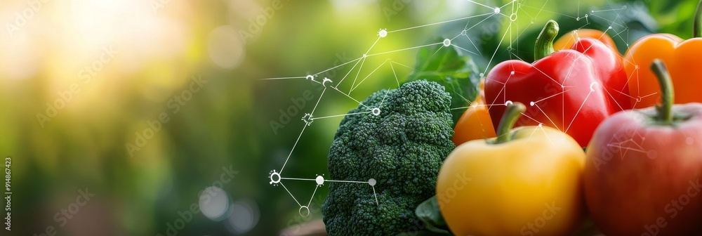 A background of fruits and vegetables with an overlay showing digital ...