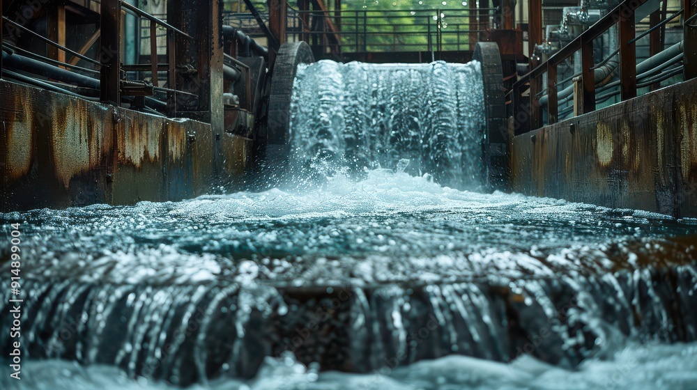 Dynamic water stream flowing over a dam structure, showcasing powerful ...