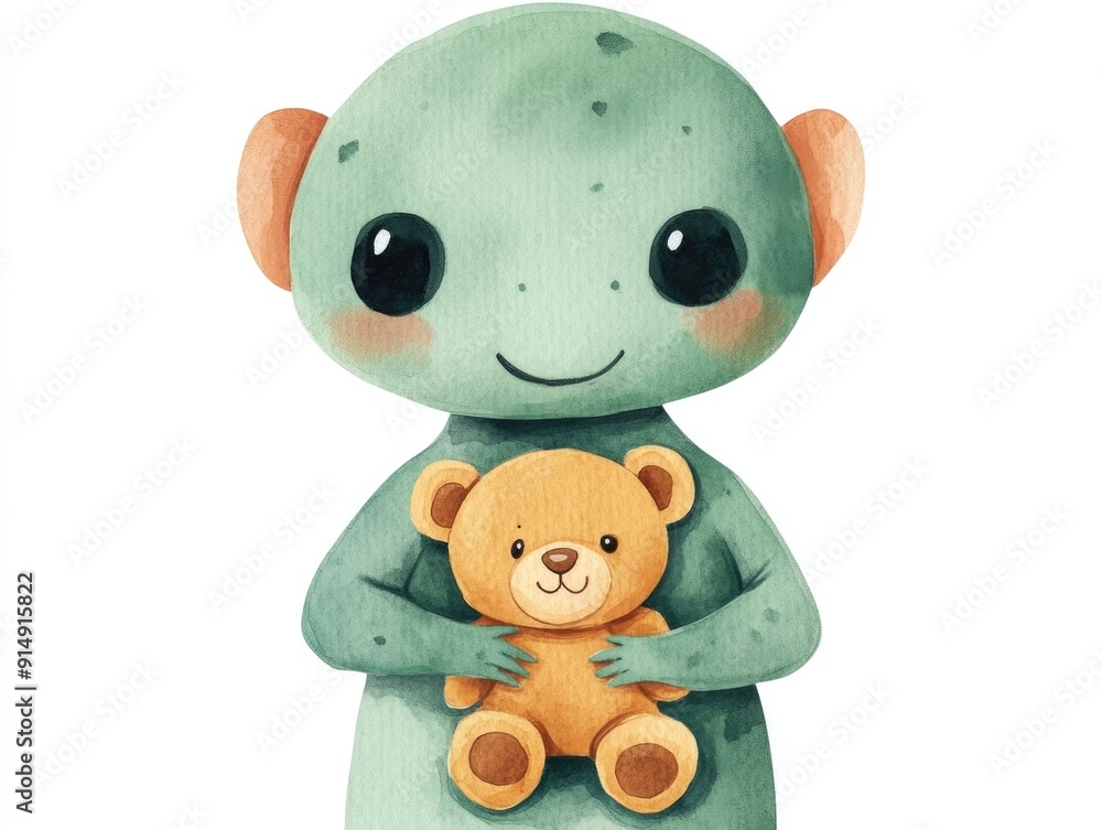 Adorable Alien Clipart with Teddy Bear Whimsical Watercolor of Cheerful ...