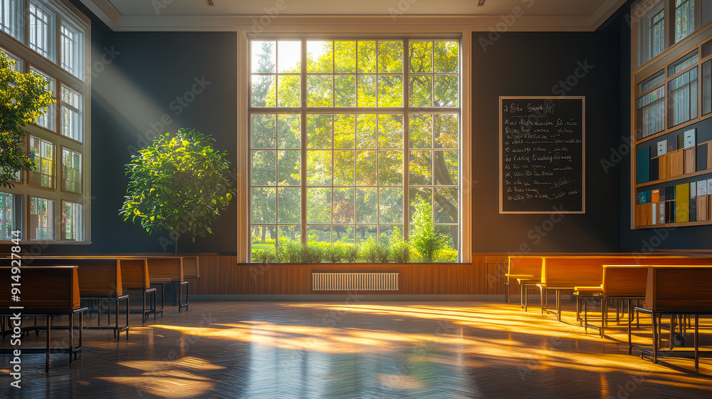 Elegant Luxury Classroom Interior with Modern Furniture, Wooden Benches ...