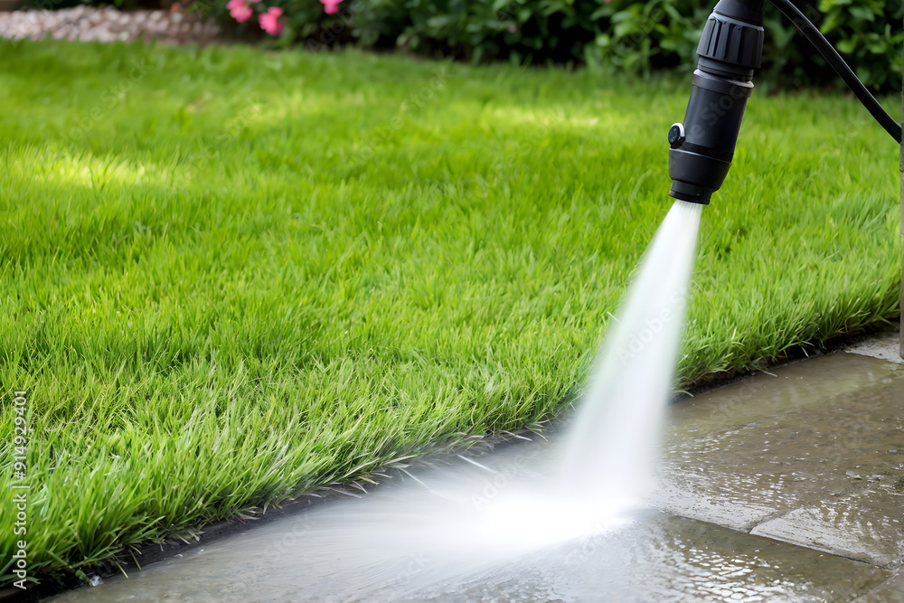 Washing Sidework Path by Pressure Washer with Landscaping Grass. Jet ...