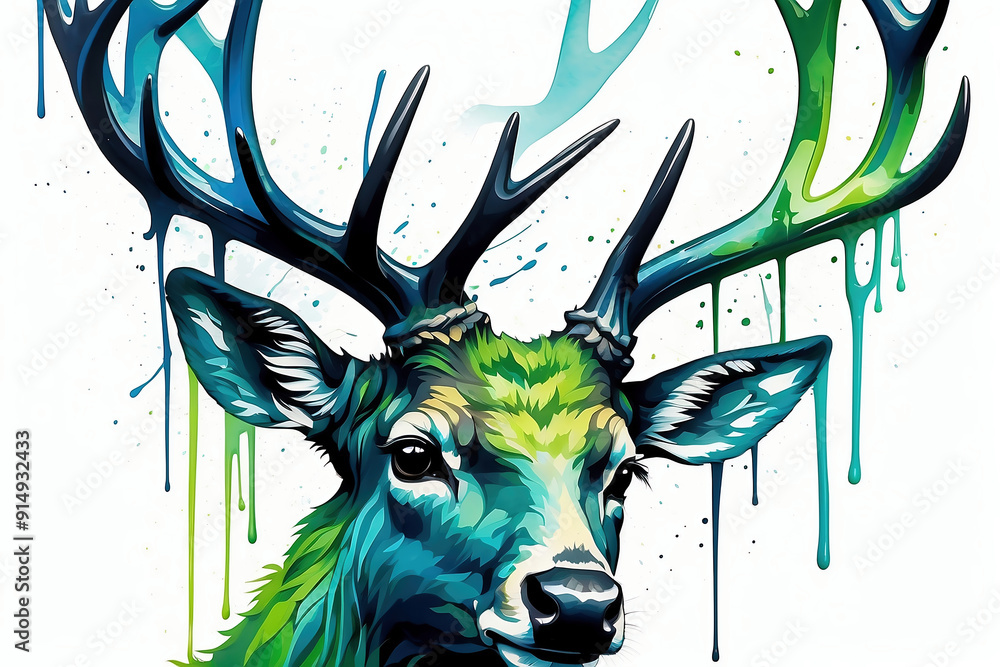 Green majestic buck deer with antlers melting and is melted green ...